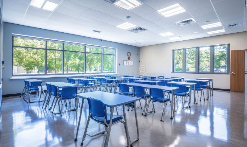 Bright Spacious Classroom Blue Desks Natural Light Stock Photos - Free ...