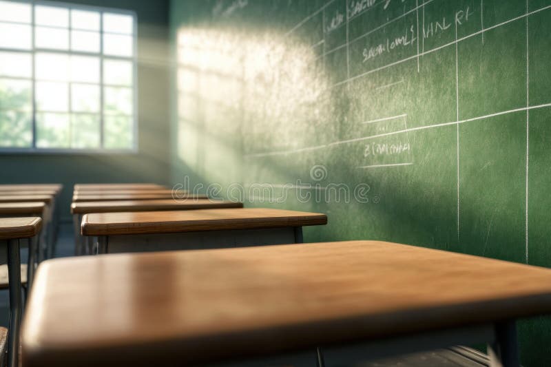 Bright and Spacious Classroom with Chalkboard and Desks Arranged for ...