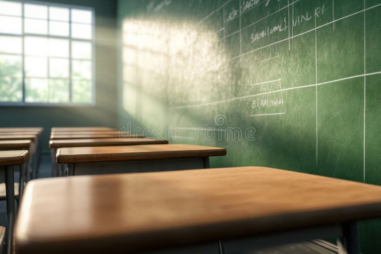 Bright and Spacious Classroom with Chalkboard and Desks Arranged for ...