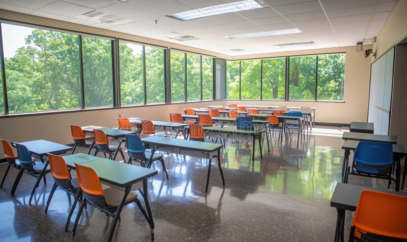 Bright and Spacious Classroom with Modern Furniture and Large Windows ...