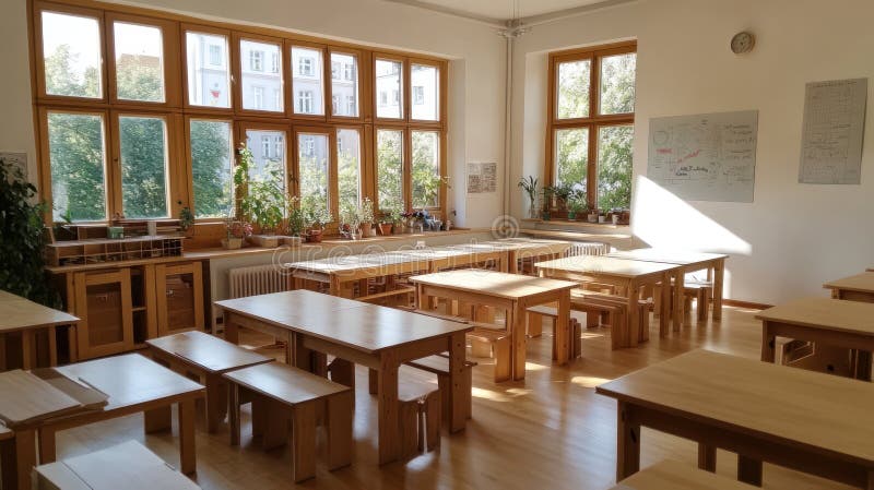 Bright and Spacious Classroom with Wooden Desks and Large Windows ...