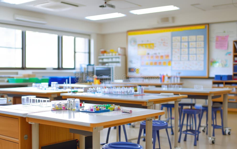Bright and Spacious Classroom with Worktables and Learning Materials ...