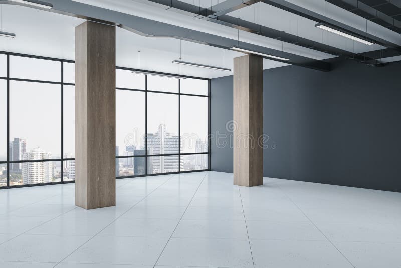 Bright Spacious Concrete and Wooden Museum Interior with Panoramic ...