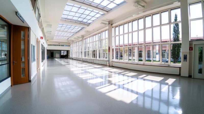 Bright, Spacious Corridor with Large Windows in a Modern Educational ...