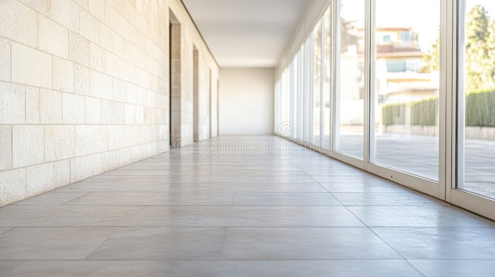 Bright and Spacious Corridor with Large Windows and Smooth Flooring in ...
