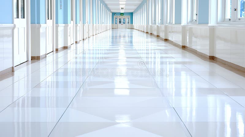 Bright and Spacious Corridor with Reflective Flooring in Modern Style ...