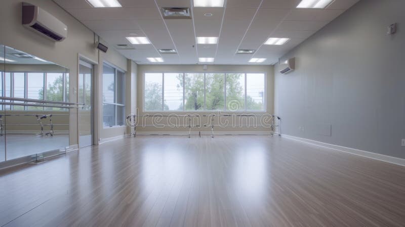 Bright, Spacious Dance Studio with Mirrors and Ballet Barres in Daytime ...