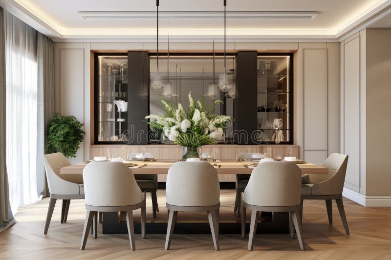 Bright Spacious Dining Room with Wooden Big Table. Ai Generative Stock ...