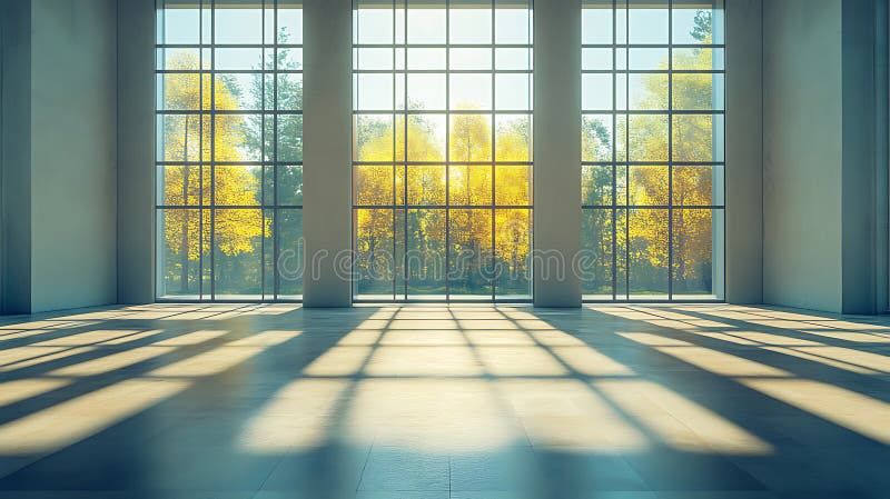 Bright Empty Room with Large Windows Overlooking Autumn Trees and ...