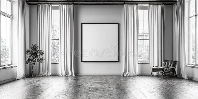 Bright and Spacious Gallery Interior with Large Empty Frame and Natural ...