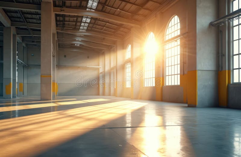 Bright Spacious Industrial Warehouse Interior with Sunlight Shining ...