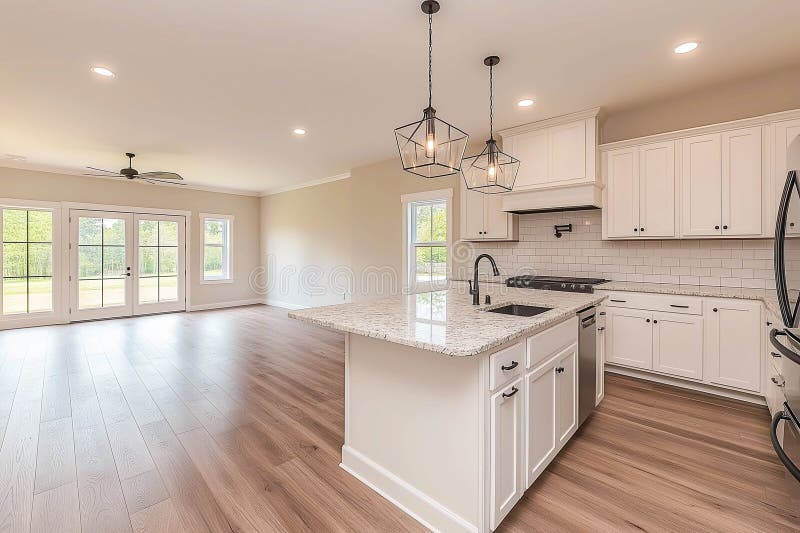 Bright, Spacious and Modern Farmhouse Style Kitchen Stock Illustration ...