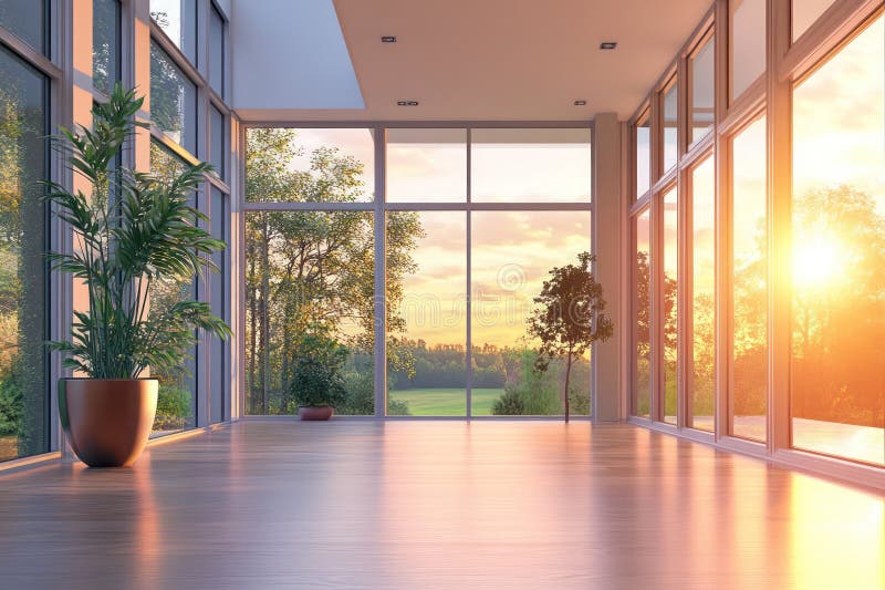 Bright Spacious Modern Hallway with Sunset Light and Windows Stock ...