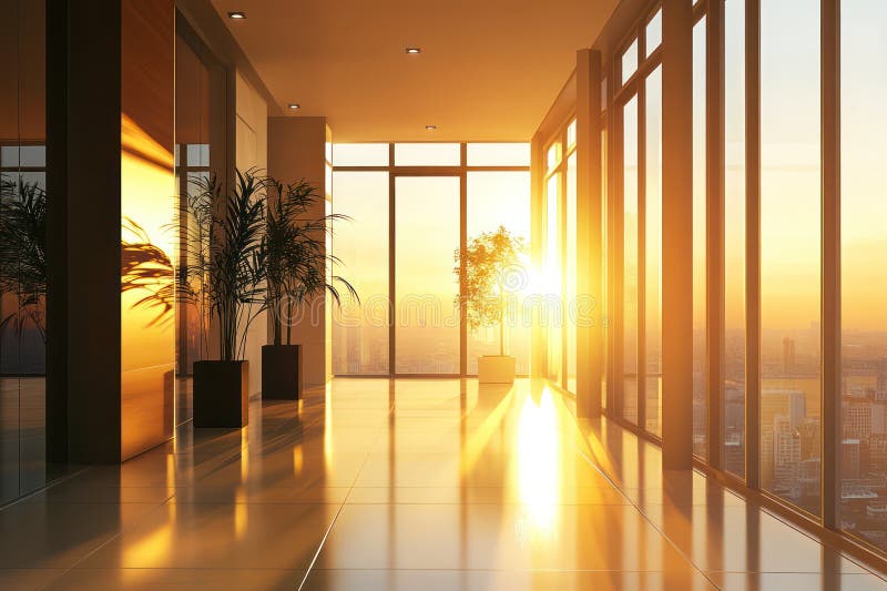 Bright Spacious Modern Hallway with Sunset Light and Windows Stock ...