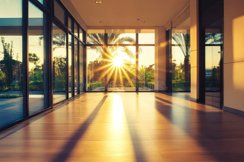 Bright Spacious Modern Hallway with Sunset Light and Windows Stock ...