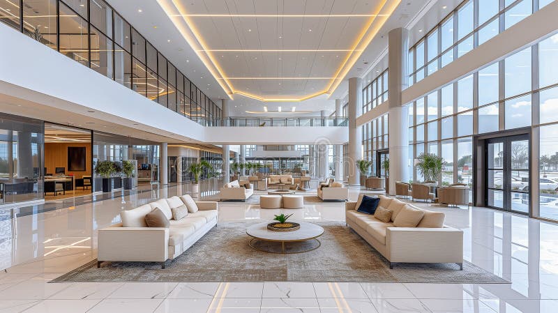 Spacious Modern Lobby with Elegant Seating and Large Windows Stock ...