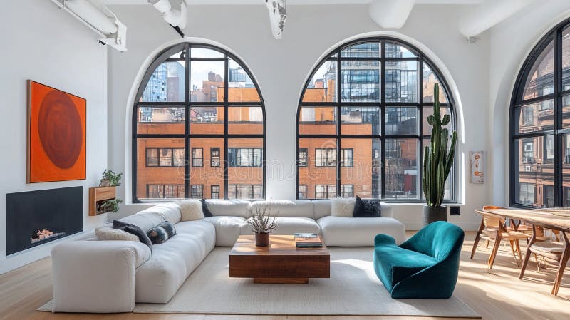 Modern Loft Apartment Interior Design City View Large Windows Chic ...