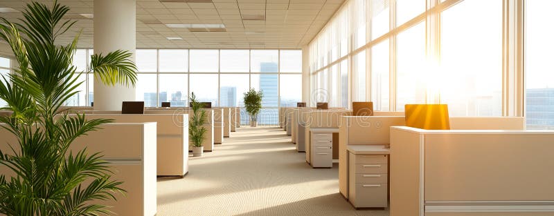 Bright and Spacious Modern Office Cubicles with Large Windows Plants ...