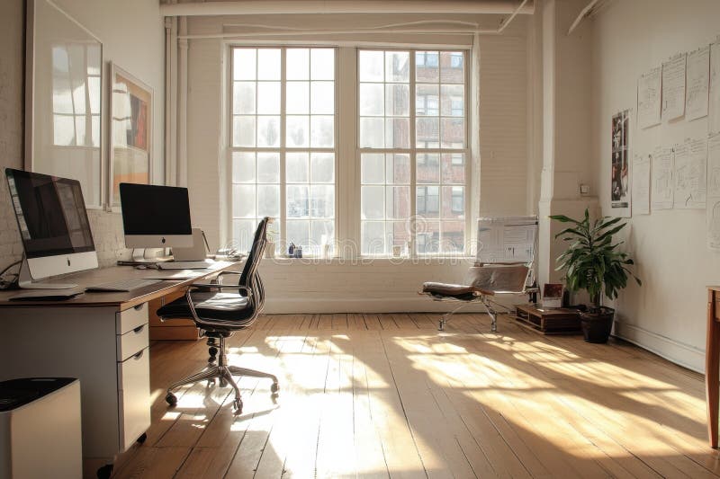 Bright and Spacious Modern Office Interior with Desk and Large Windows ...