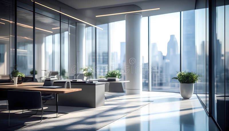 Bright, Spacious Office Interior with Modern Desks and Cityscape View ...