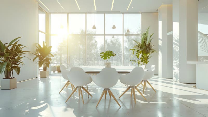 Bright and Spacious Office with White Chairs Around a Table and Large ...