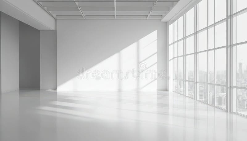 Bright and Spacious Open Office Interior with Large Windows and Blank ...