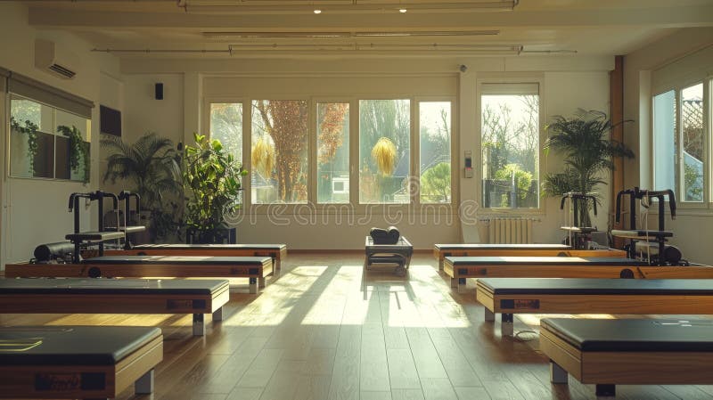 Bright and Spacious Pilates Studio with Reformers and Greenery Stock ...