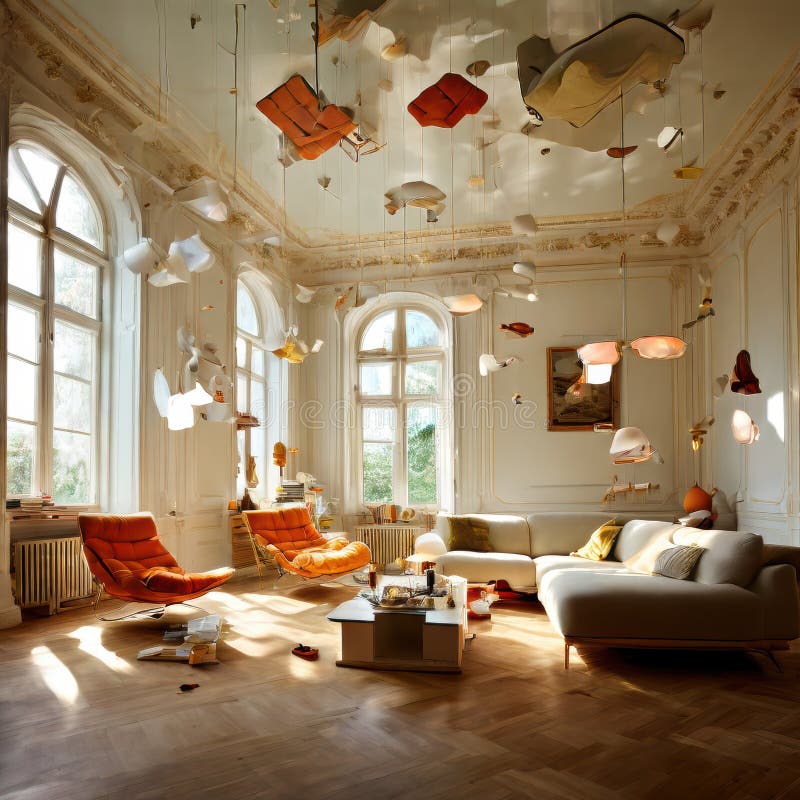 Elegant Interior with Surreal Floating Objects Stock Image - Image of ...