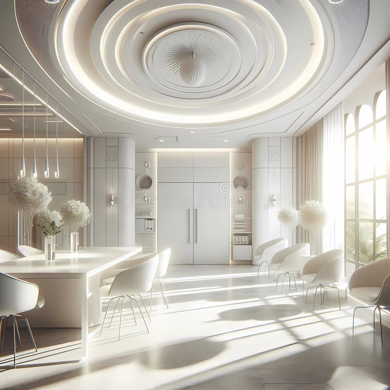 Bright and Spacious Room with a Stylish Kitchen Island and a Circular ...