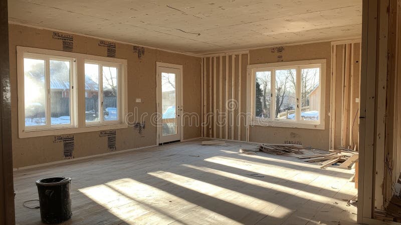 Bright and Spacious Room Under Construction with Large Windows Stock ...