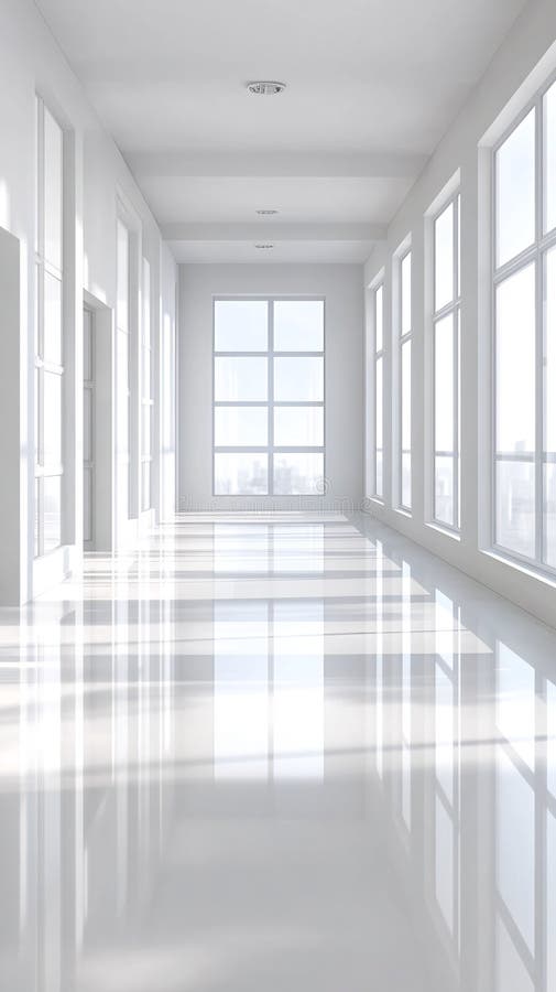 Bright and Spacious White Hallway with Glossy Reflective Surfaces and ...