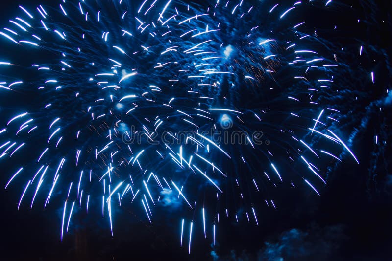 Bright Sparkling Fireworks Dark Blue on the Night Sky. Stock Image ...