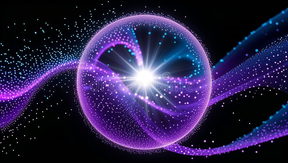 Bright Sphere Emanating Energy and Particles on Black Background Stock ...