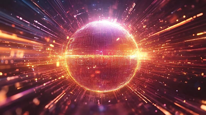 Bright Sphere Emits Light Beams and Particles in Digital Cyberspace ...