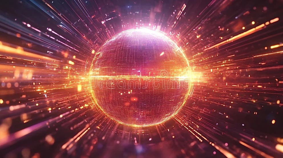 Bright Sphere Emits Light Beams and Particles in Digital Cyberspace ...