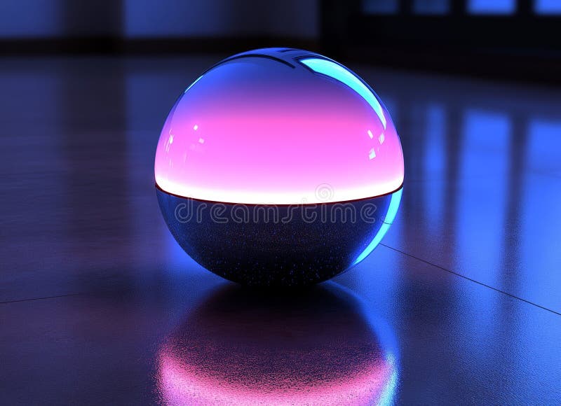 A Bright Sphere Featuring Pink and Blue Neon Swirls is Reflected on a ...