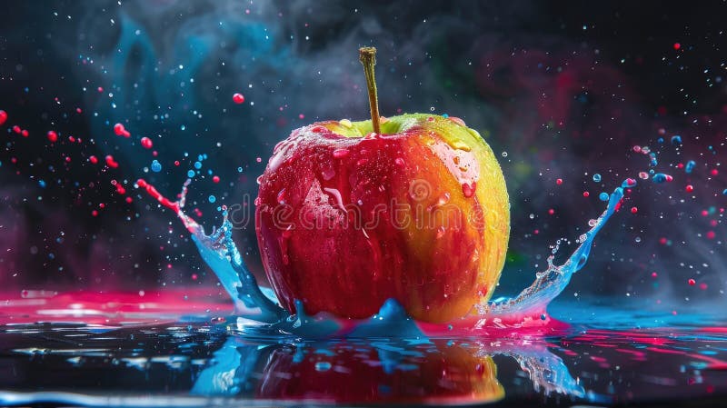 Bright Splitting Apple with Water Splash Against Glowing Abstract ...