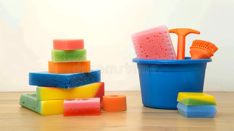 Bright Sponges and Cleaning Tools are Organized on a Wooden Table ...