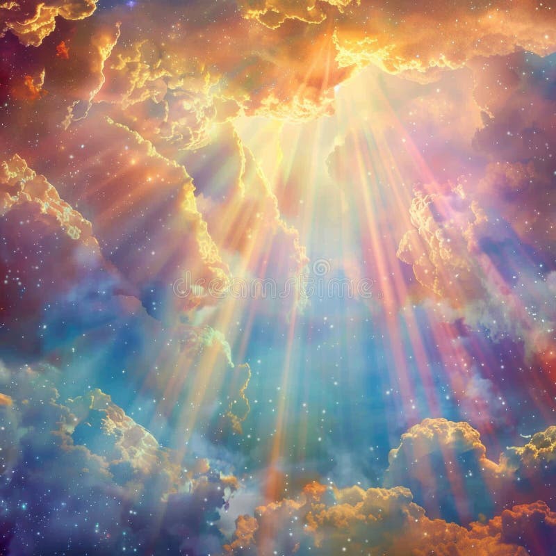 A Bright Spot of Sunlight Shining through Puffy White Clouds in a Clear ...