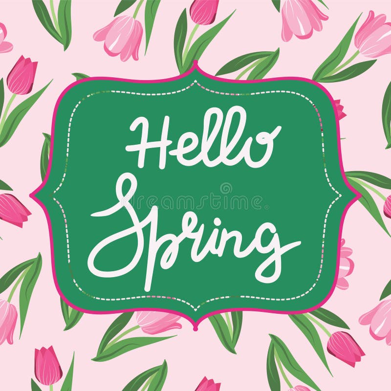 Hello Spring Greeting Card Design with Flowers and Text in Frame Stock ...