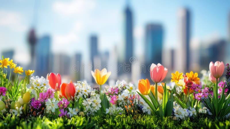 Bright Spring Flowers with Blurred City Backdrop, Nature Meets Urban ...