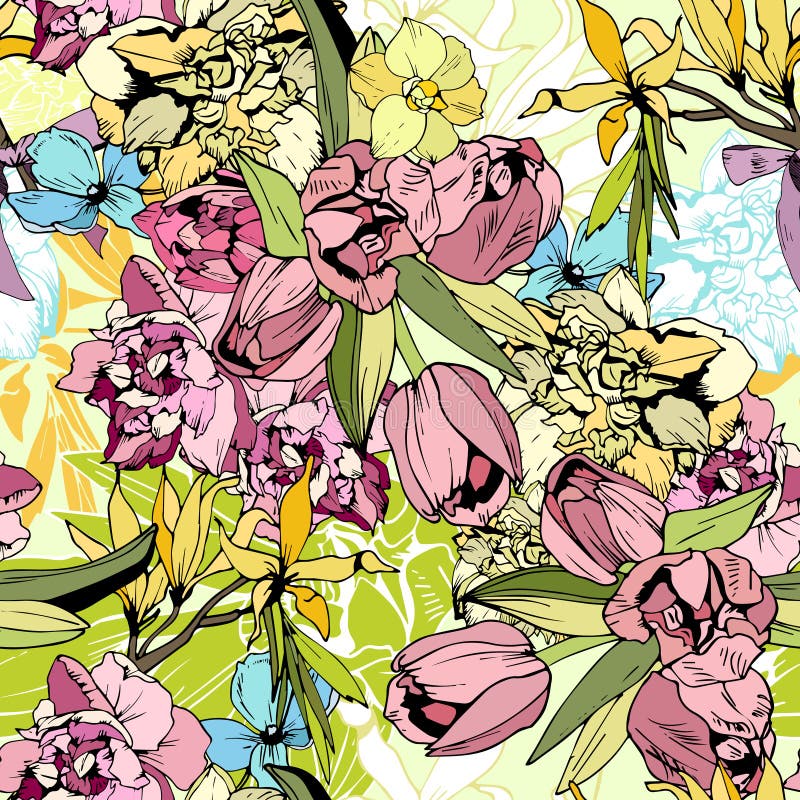 Bright Spring Flowers, Seamless Pattern Stock Illustration ...