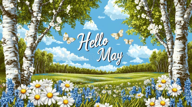 Bright Spring Meadow Landscape Hello May Floral Greeting Card Design ...