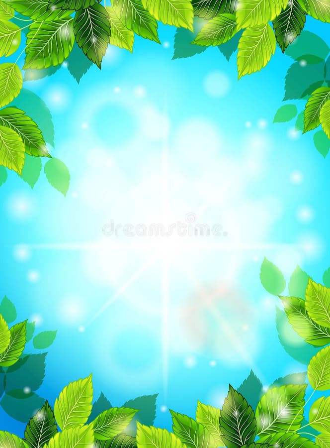 Bright Spring Realistic Background, Blue Sky, Green Leaves. the Sun S ...