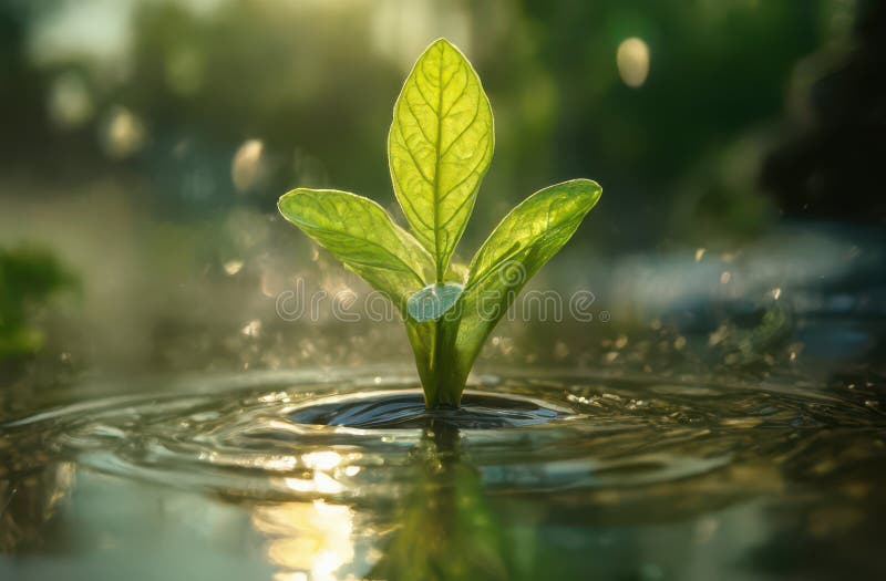 Bright Sprout Emerging from a Shallow Puddle, Small Ripples and ...