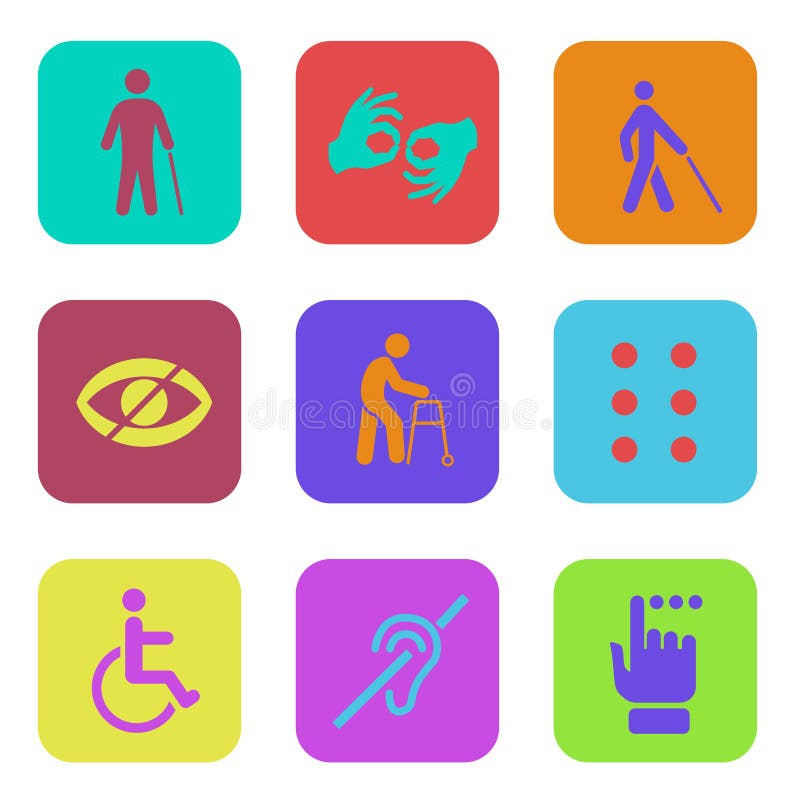Bright Square Signs for People with Special Needs. Set of Disability ...