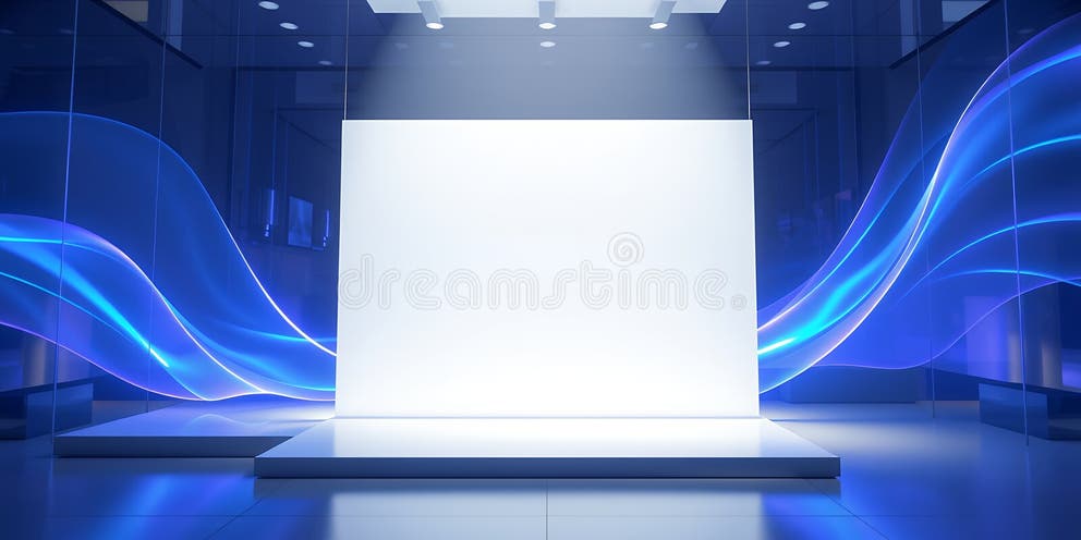 A Bright Stage with a Blank Screen and Blue Light Waves in a Modern ...