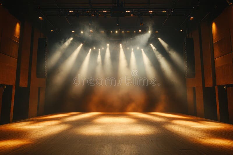 Bright Stage Lights Casting Beams on an Empty Theater Stage Stock Image - Image of wood, mood ...