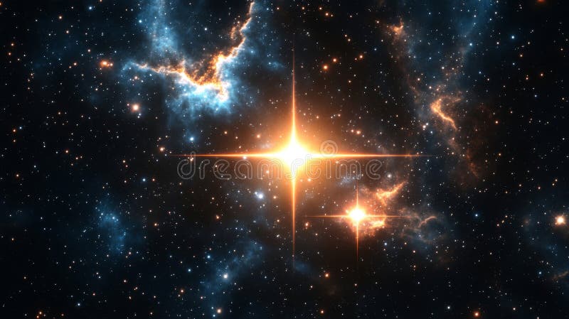 A Bright Star with a Cross-Shaped Flare in a Starry Nebula Stock ...