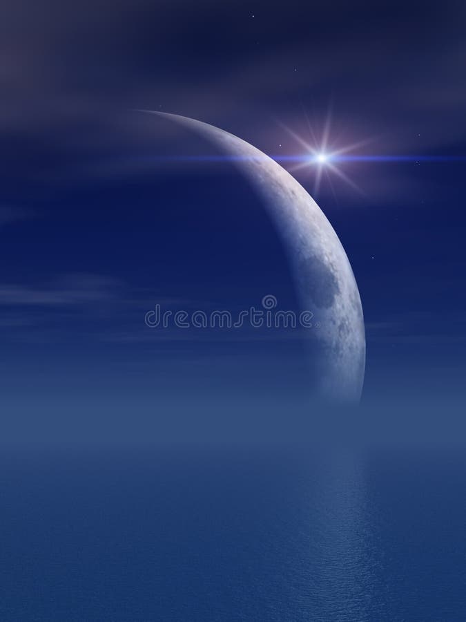 Bright Star Over Moon Over Sea Stock Illustration - Illustration of ...